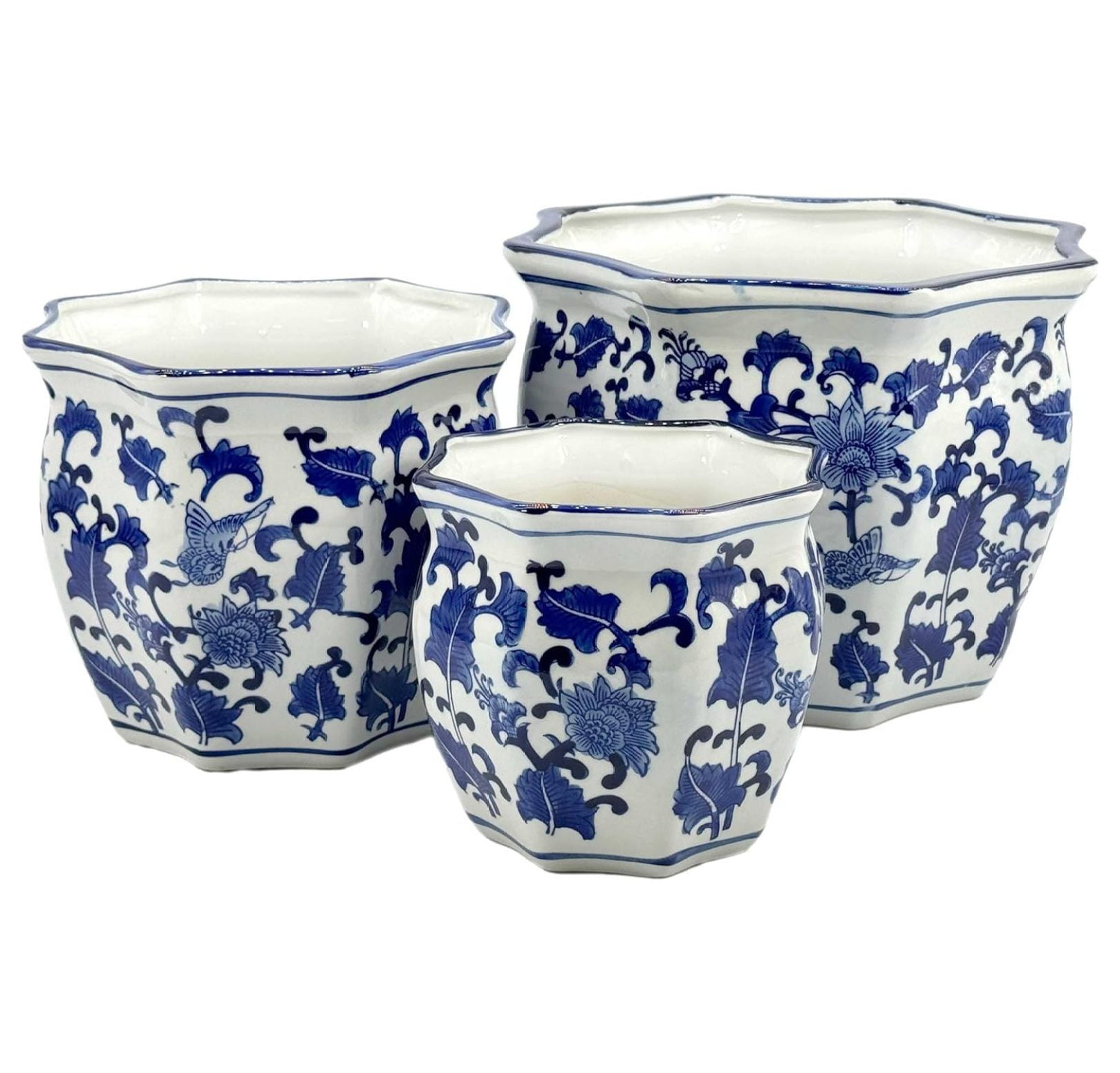 YIDOADFEAP Blue & White Round Fluted Floral Porcelain Ceramic Plant ...