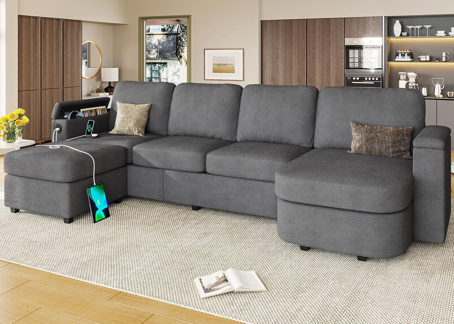 YIDUNLIFE Sectional Sofas with Storage Seat, Convertible U Shaped Couch with Ottomans for Living ...