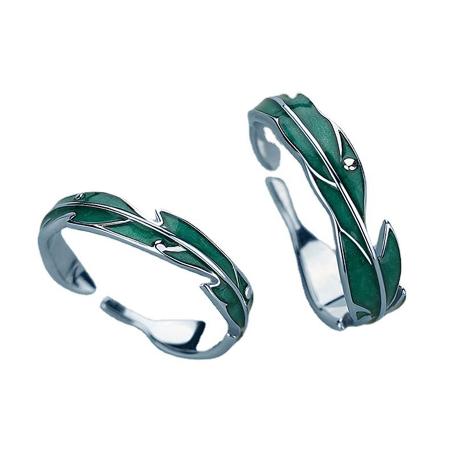 YIEMEEN 2Pieces/set Retro Vintage Leaf Ring Green Plantain Open Rings Couple Personality ...