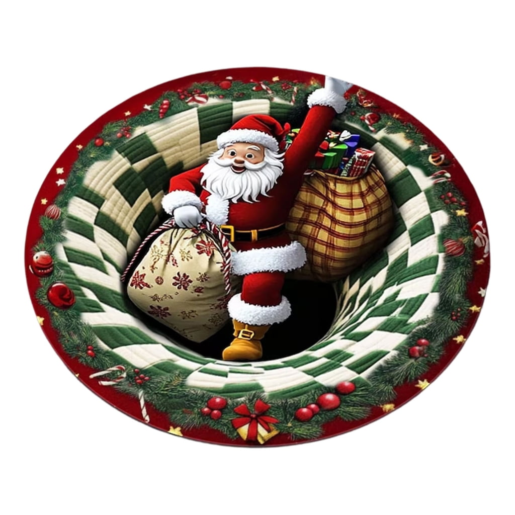 YIEMEEN Velvets Round Rug With 3D Santa Print Design Optical Illusion ...