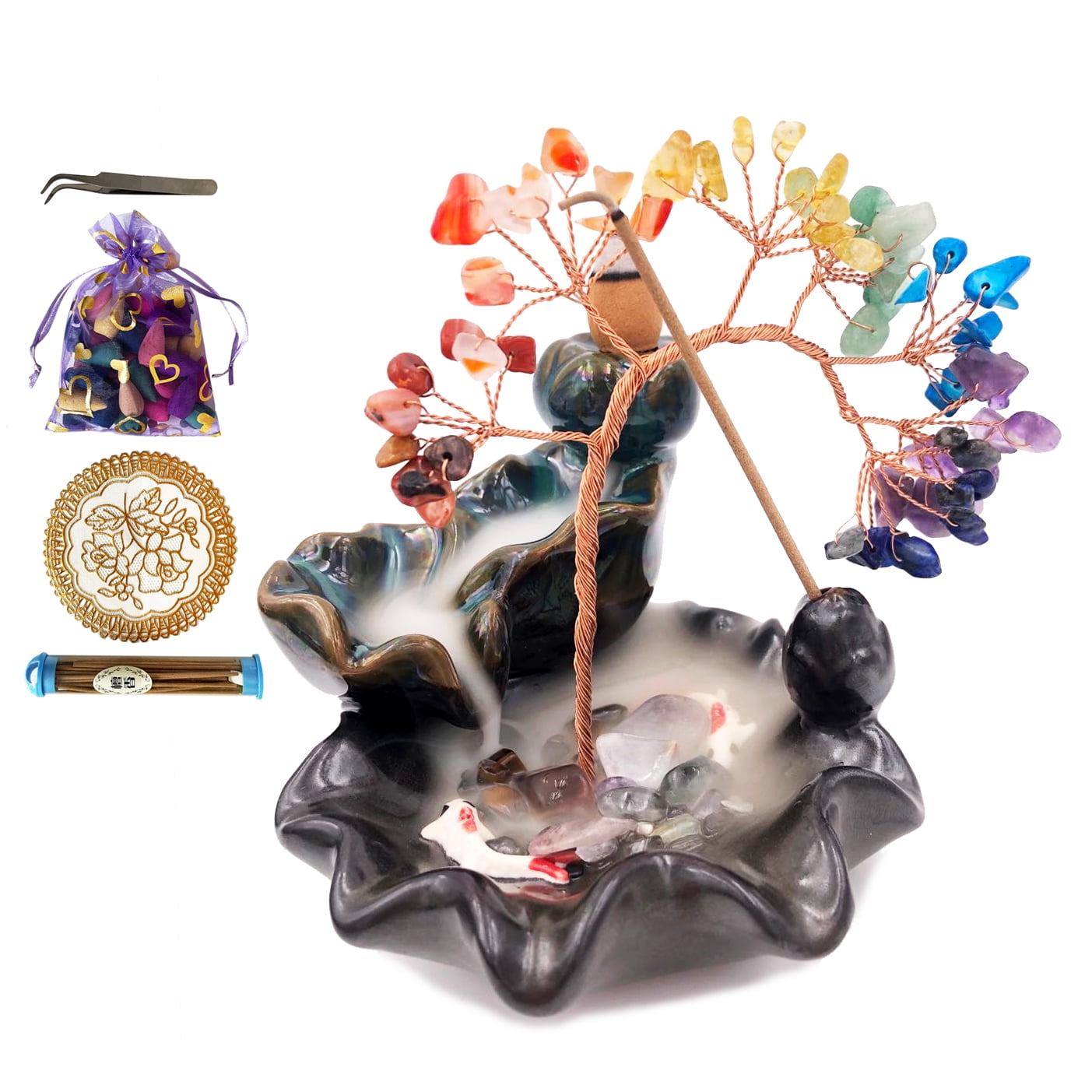 YIENENG Crystal Waterfall Incense Burner Set, Chakra Crystal Tree ...