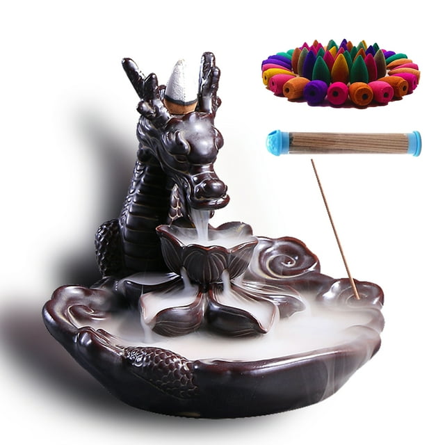 YIENENG Ceramic Dragon Incense Burner Set with Backflow Cones ...