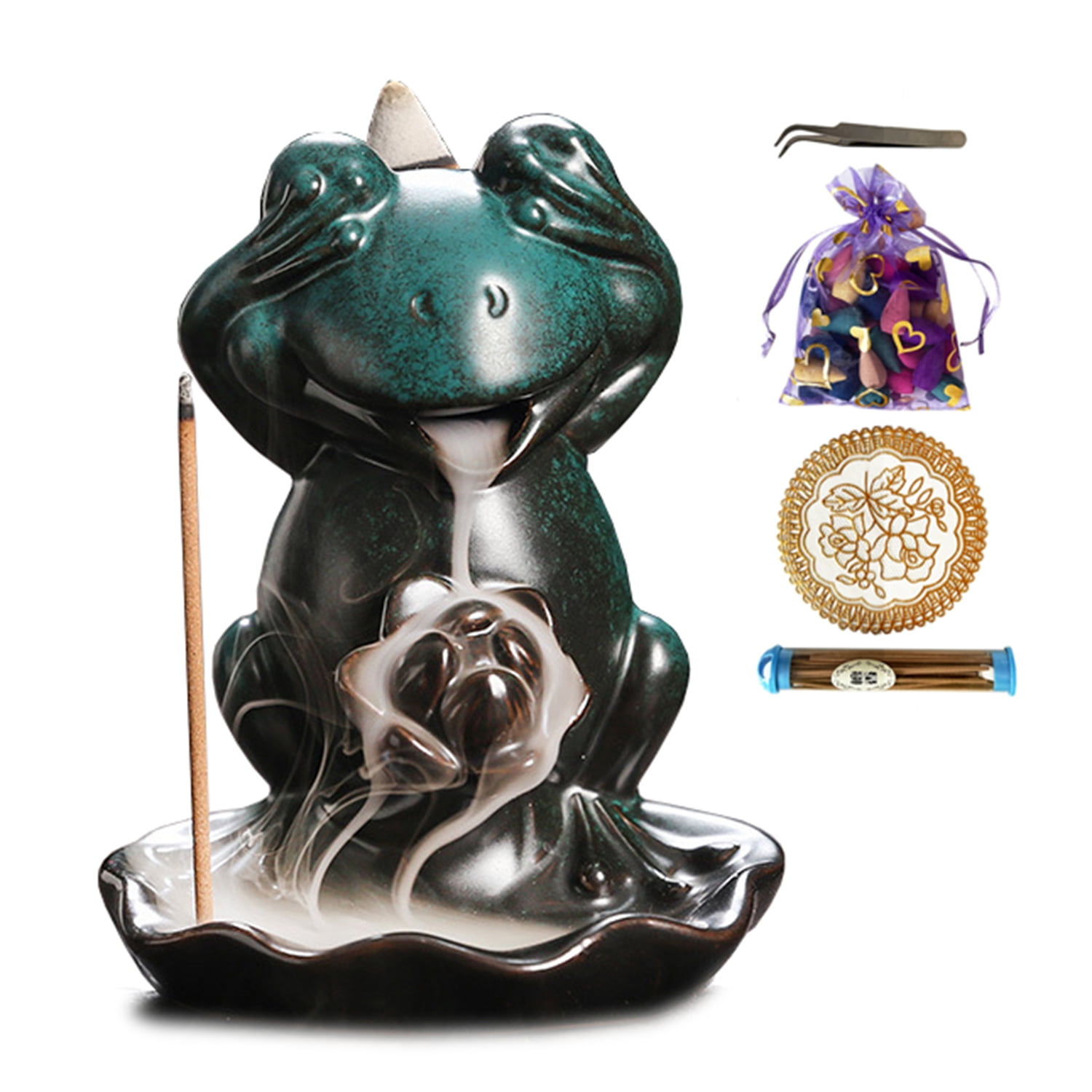 YIENENG Ceramic Frog Waterfall Incense Burner Set with Backflow Cones ...