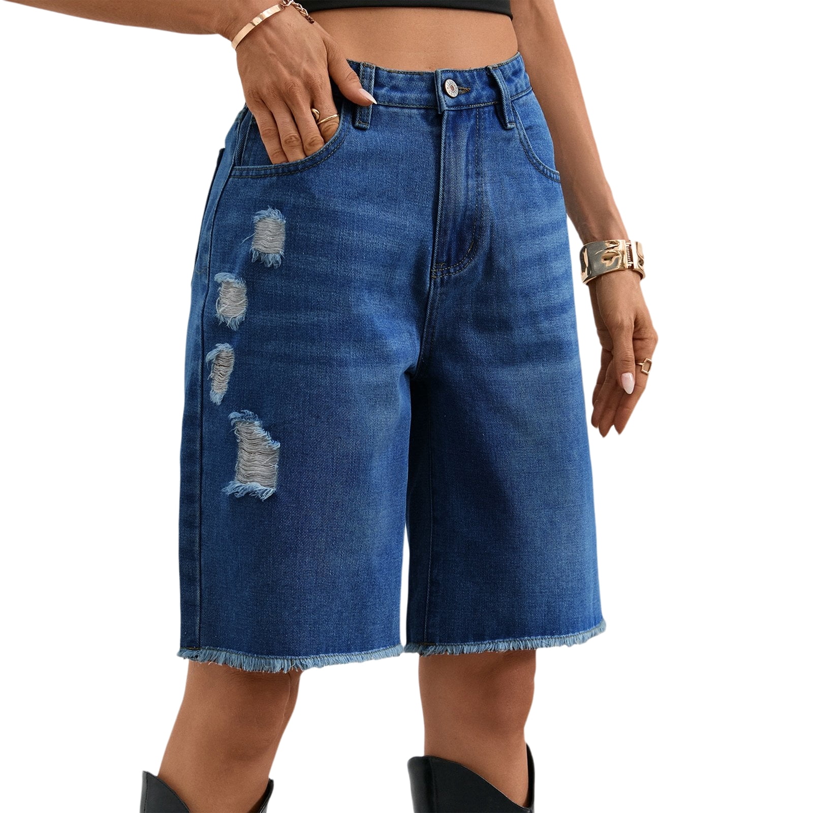 YIFUNIN Women's Casual Denim Ripped Five-Point Shorts with Fringe Hem ...
