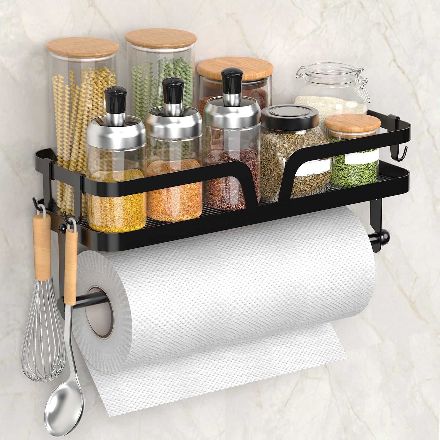 YIGII Paper Towel Holder with Shelf, Wall Mount Spice Rack with 4 Hooks ...