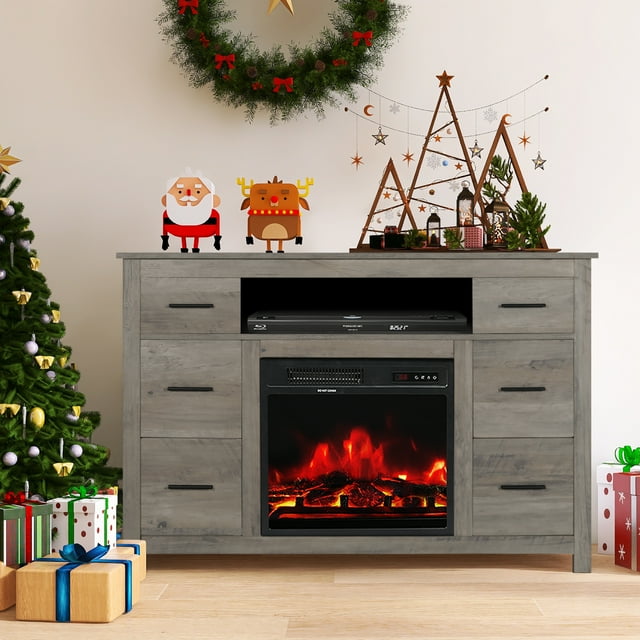 YIGOBUY Farmhouse Dresser with Fireplace - Wooden Dresser with 7 ...