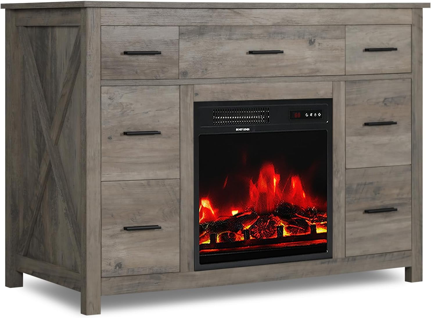 YIGOBUY Farmhouse Dresser with Fireplace - Wooden Dresser with 7 ...