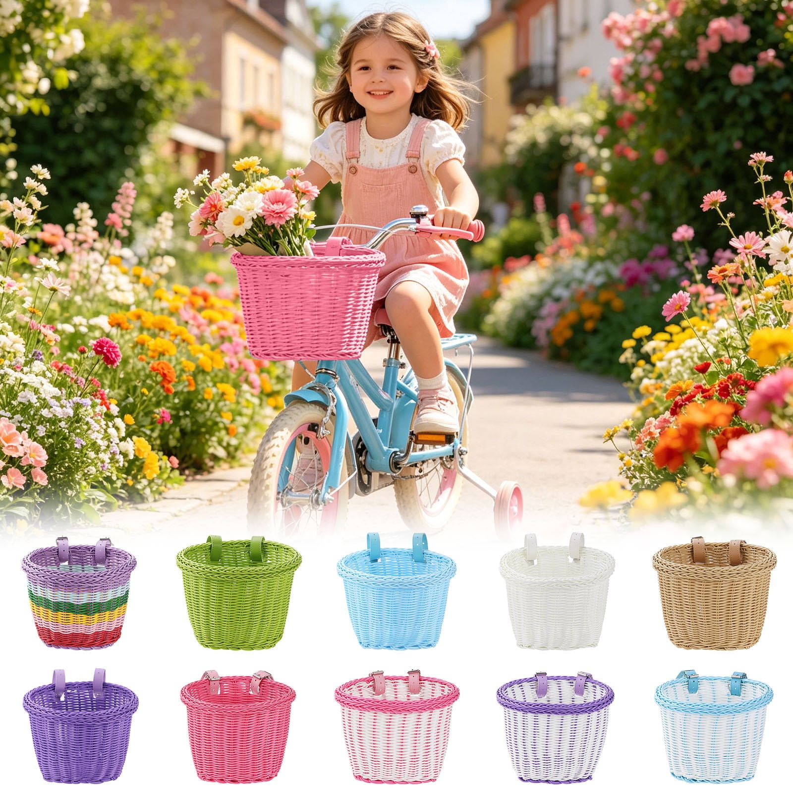 YIGOUMY-22cm Plastic Woven Bike Basket, Pink White Front Handlebar ...