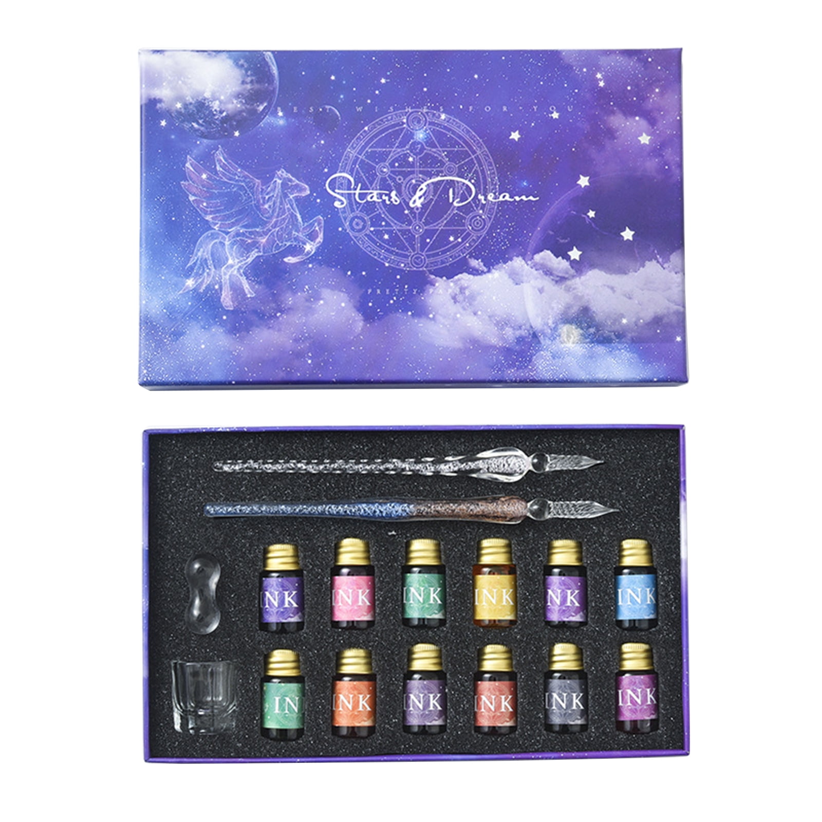 YIGSECU Calligraphy Dip Pens Gradien Glass Dip Pen Set with 12 Colorful ...