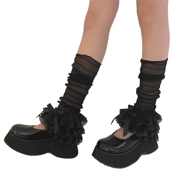 YIGSECU Japanese Women Sheer Mesh Leg Cover Tiered Ruffle Lace Bowknot ...
