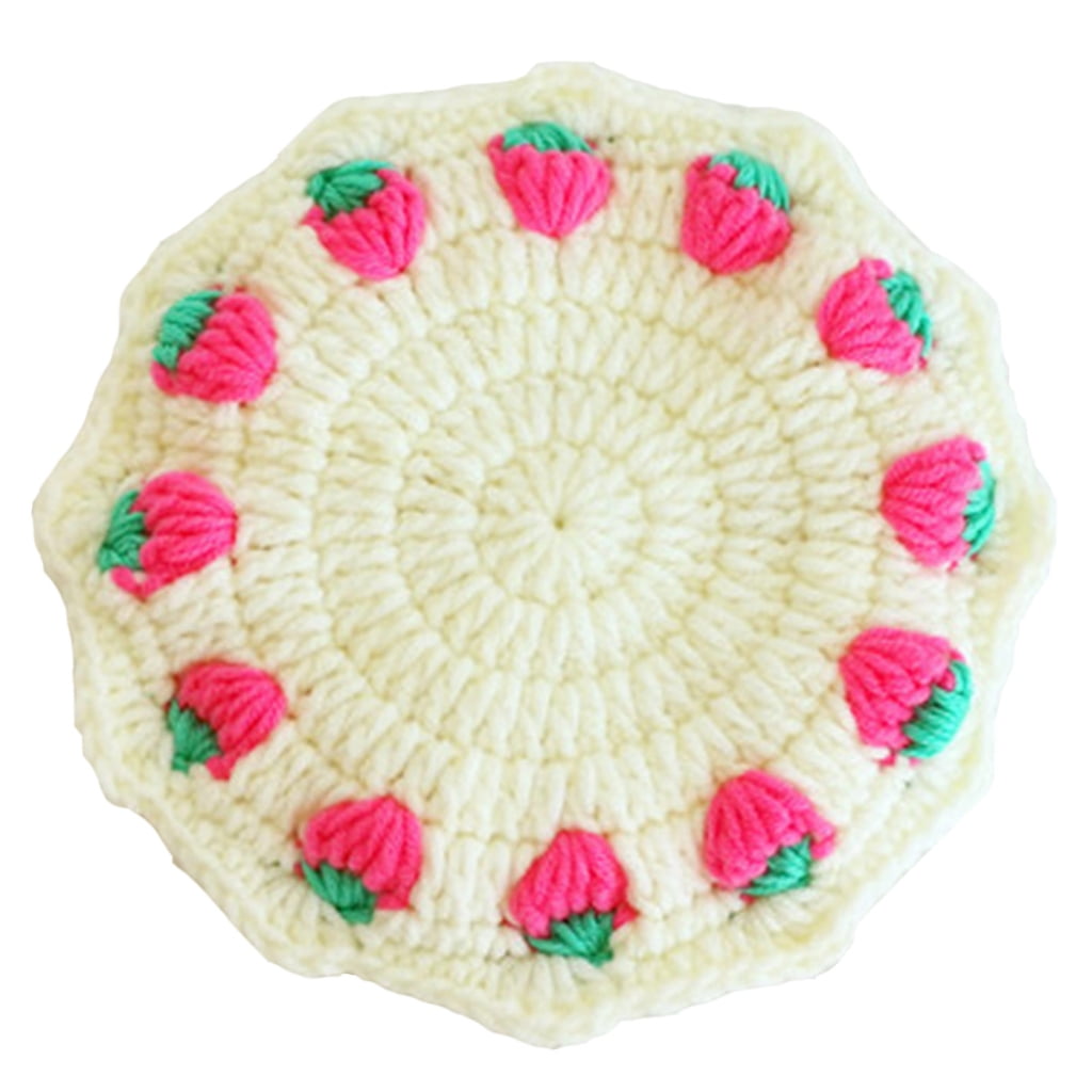 YIGSECU Knitted Strawberry Table Mat Crochet Placemat Coffee Cup Pad ...