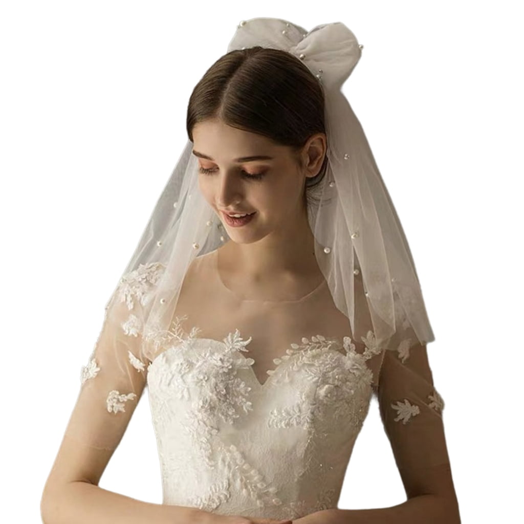 YIGSECU Pearls Short Wedding Veils Double Layer Wedding Veil for Bride ...