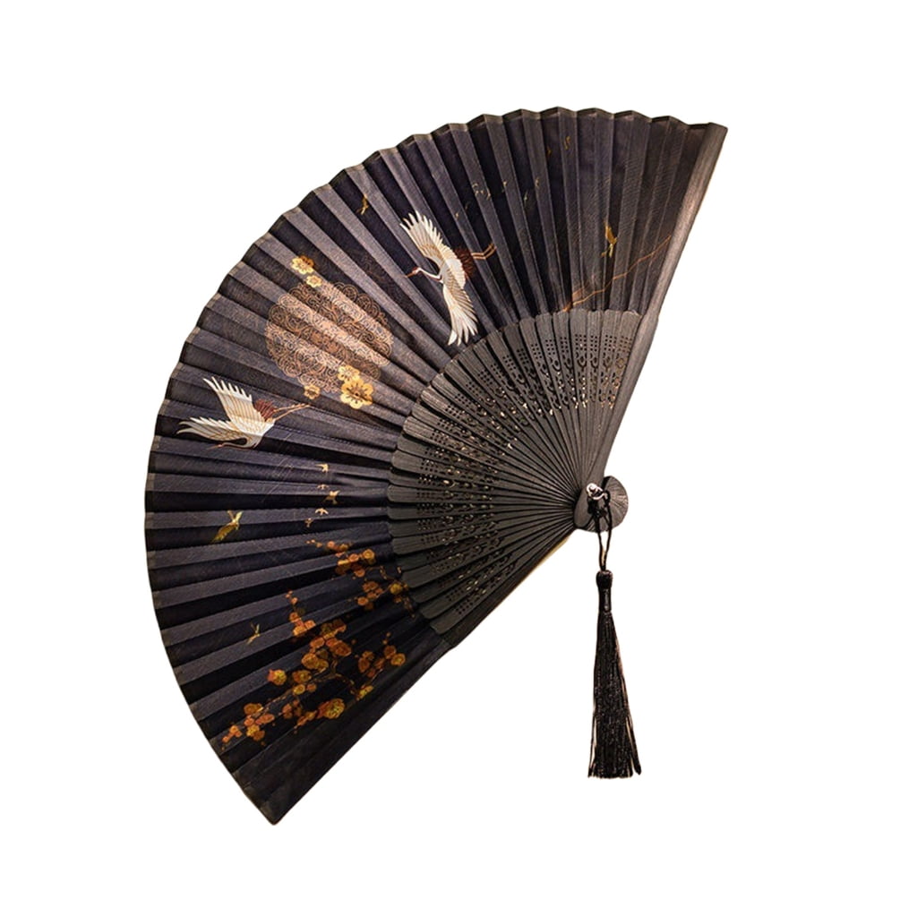 YIGSECU Portable Wood Hand Fan with Beautiful Vintage Cranes Pattern ...