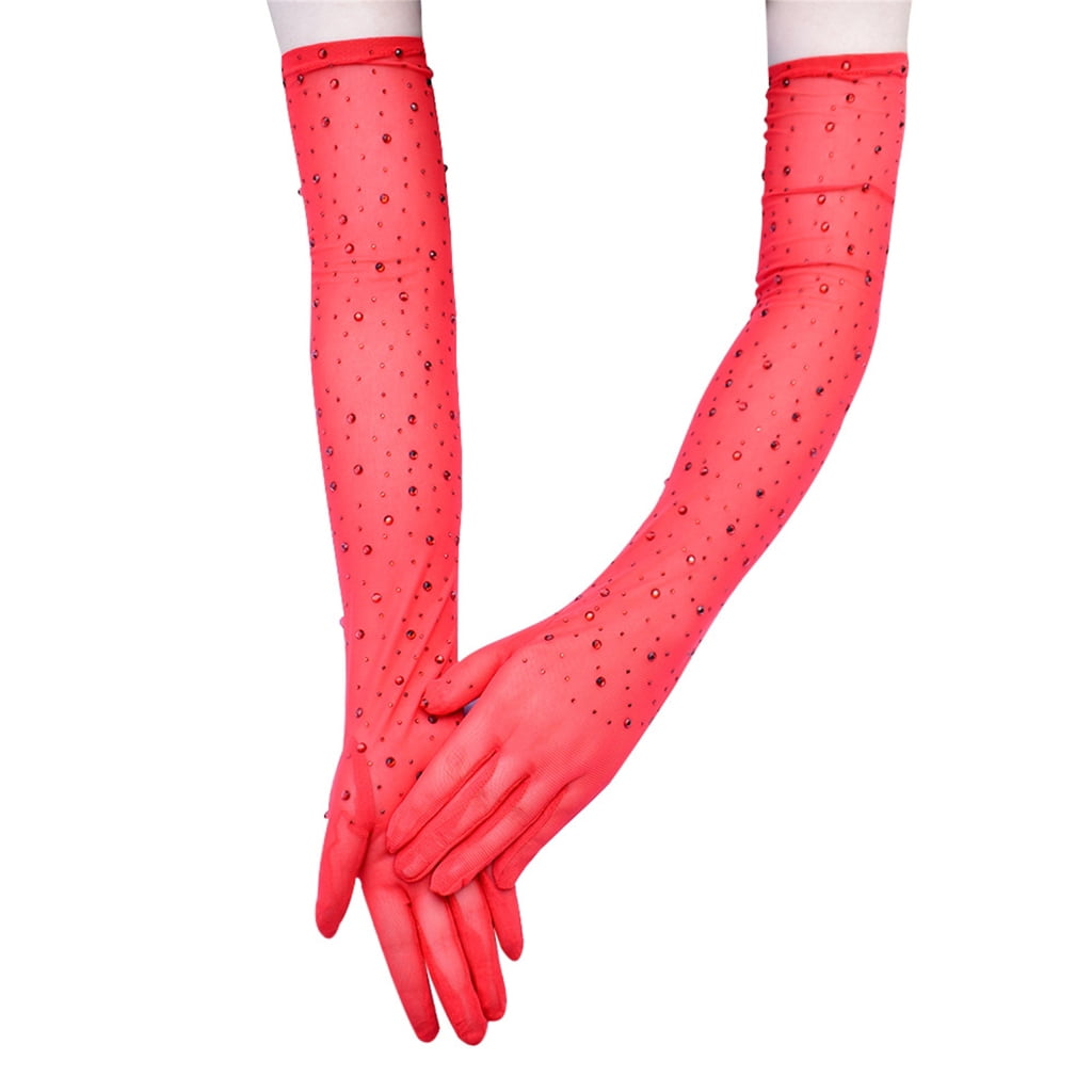 YIGSECU Stretchy Mesh Long Gloves with Crystal Drilling for Evening ...