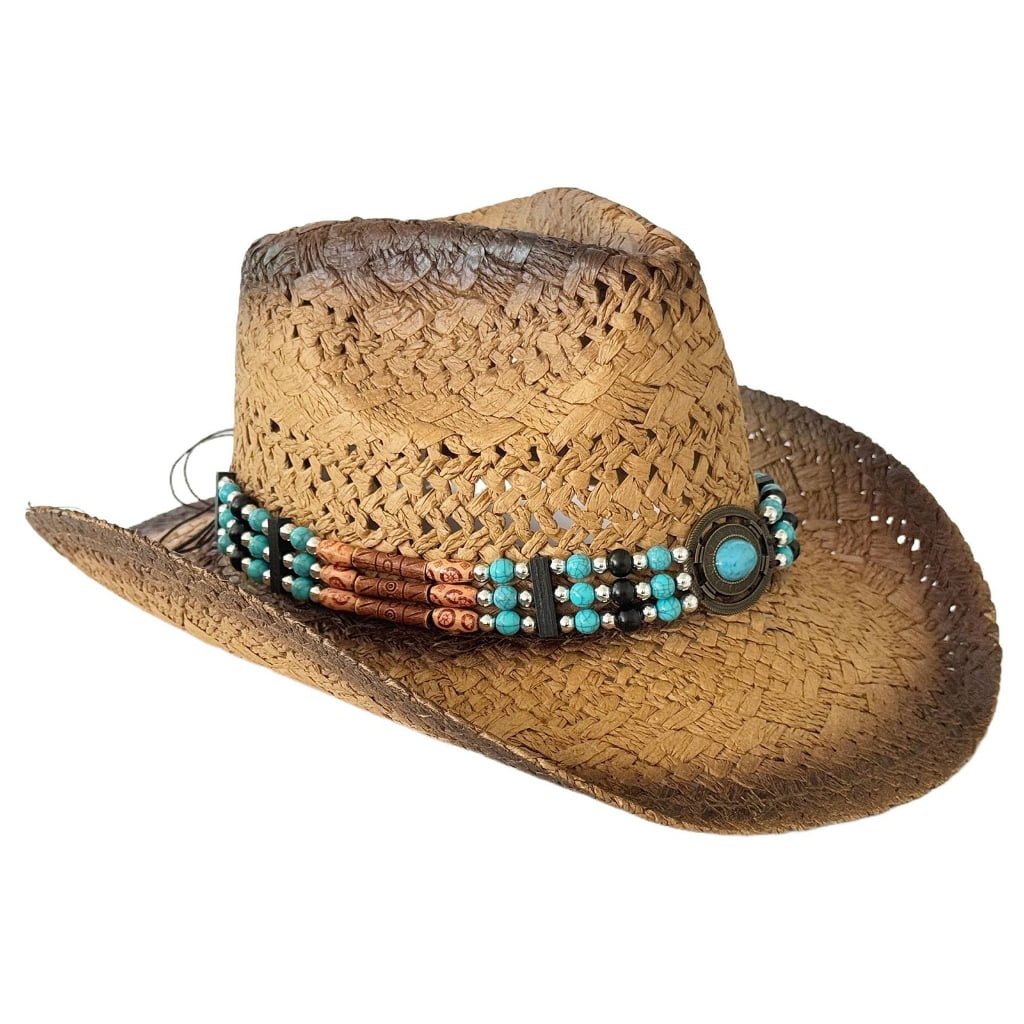 YIGSECU Western Styles Straw Hat Wide Border Hat Sun Protecting Beaded ...