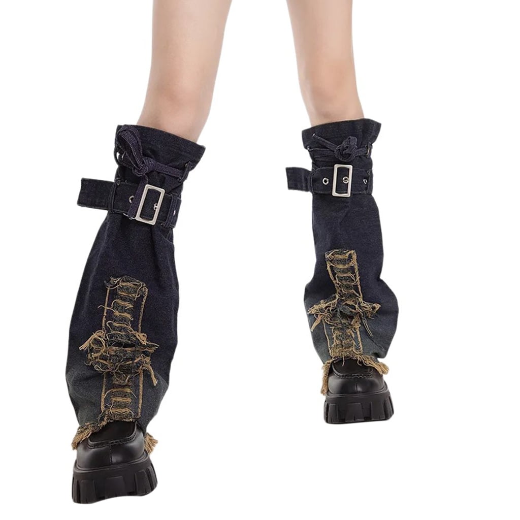 YIGSECU Women Buckled Jeans Leg Warmer Ripped Crosses Leg Covers ...