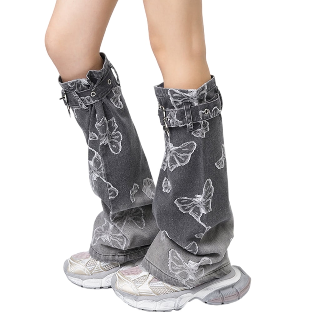 YIGSECU Women Gradients Denims Leg Warmer Buckled Butterfly Jacquard ...