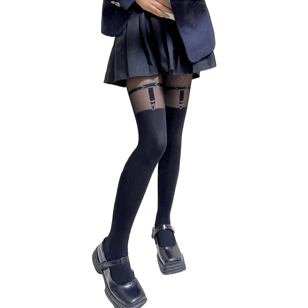 YIGSECU Women Jacquard Pattern Patchwork Mock Suspender Tights Sexy ...