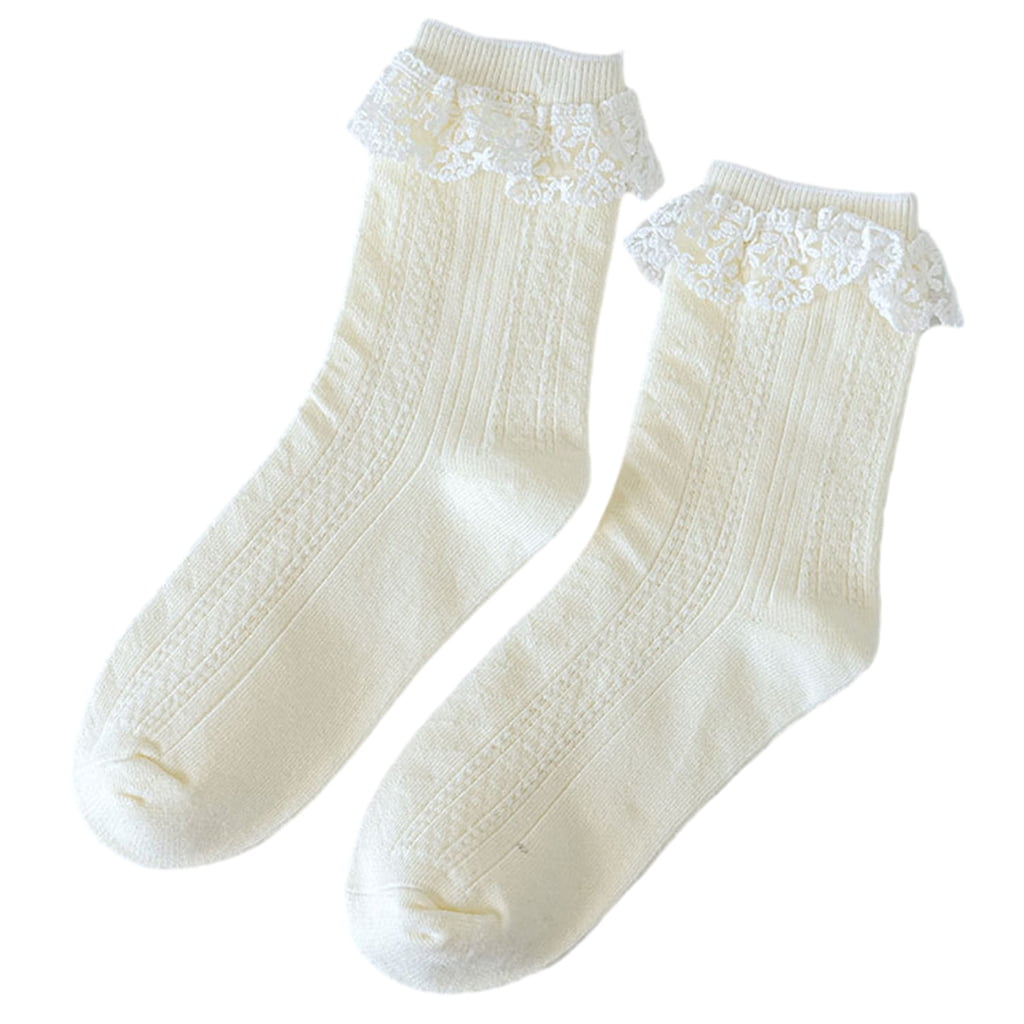 YIGSECU Womens Japanese JK Crew Socks Elegant Ruffle Lace Trim Jacquard ...