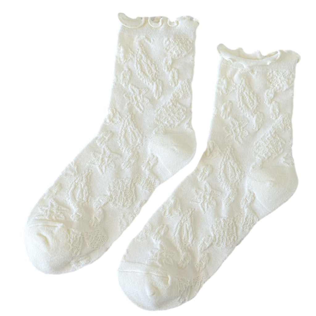 YIGSECU Womens Japanese JK Crew Socks Elegant Ruffle Lace Trim Jacquard ...