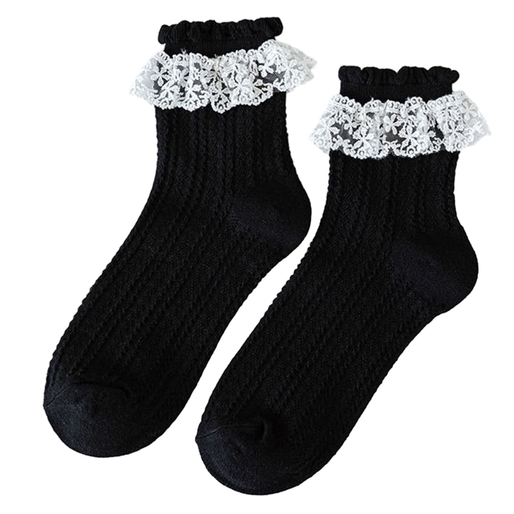 YIGSECU Womens Japanese JK Crew Socks Elegant Ruffle Lace Trim Jacquard ...