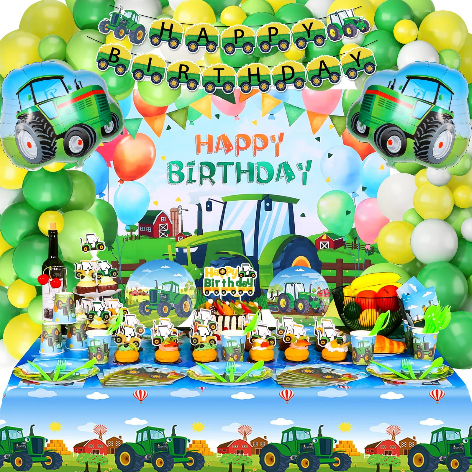 YIGZAG Farm Green Tractor Birthday Party Supplies, Tractor Birthday Decorations with Tractors ...