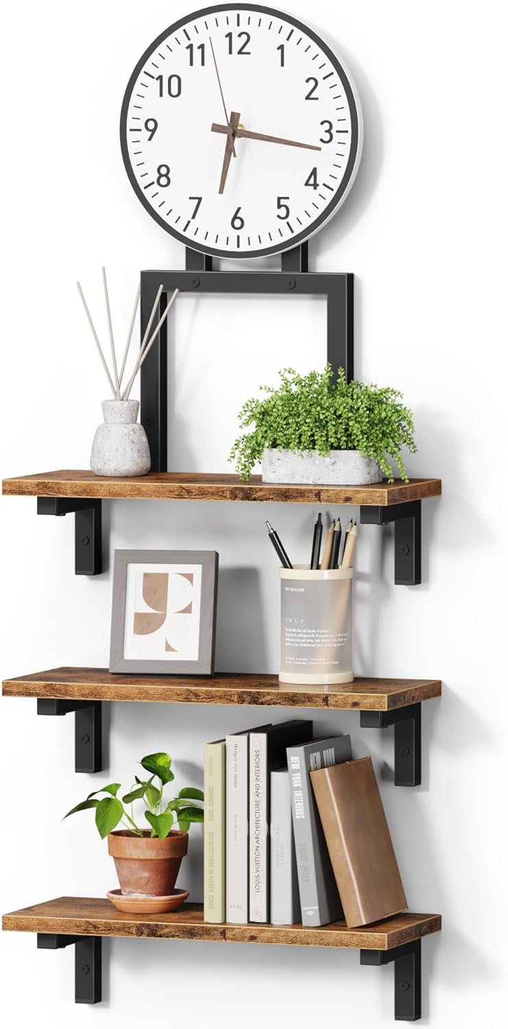 YIJ2 Floating Shelves with Clock for Wall, 15" Wall Shelves Set of 3 ...