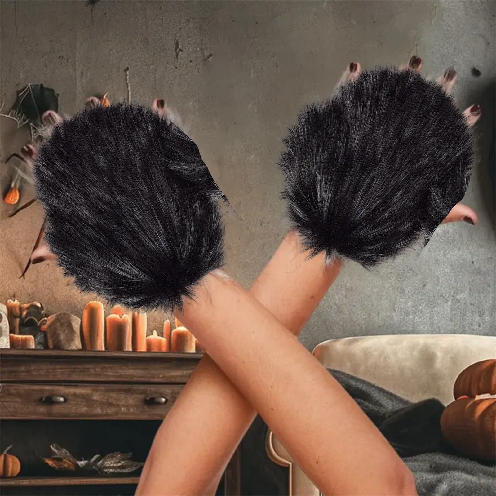 YIKA Halloween Decoration Halloween Costume Gloves Cute Long Hair Claw ...