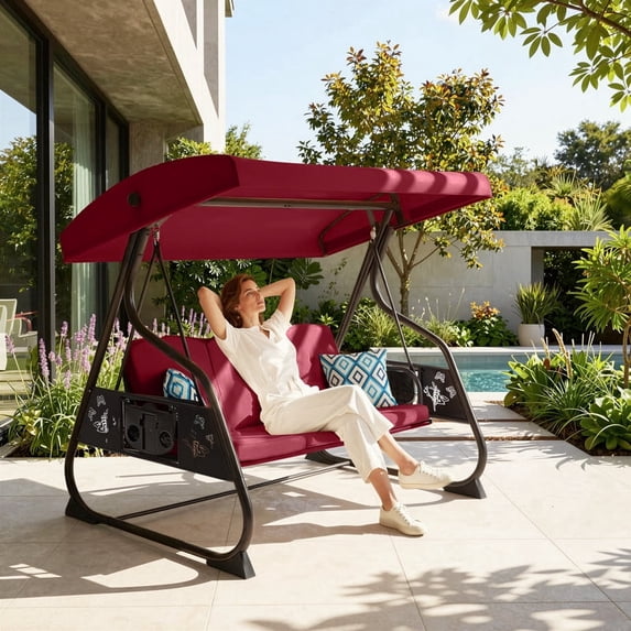 YIKEMA Freestanding Canopy Porch Swing with Stand, 3-Seat Steel Patio ...
