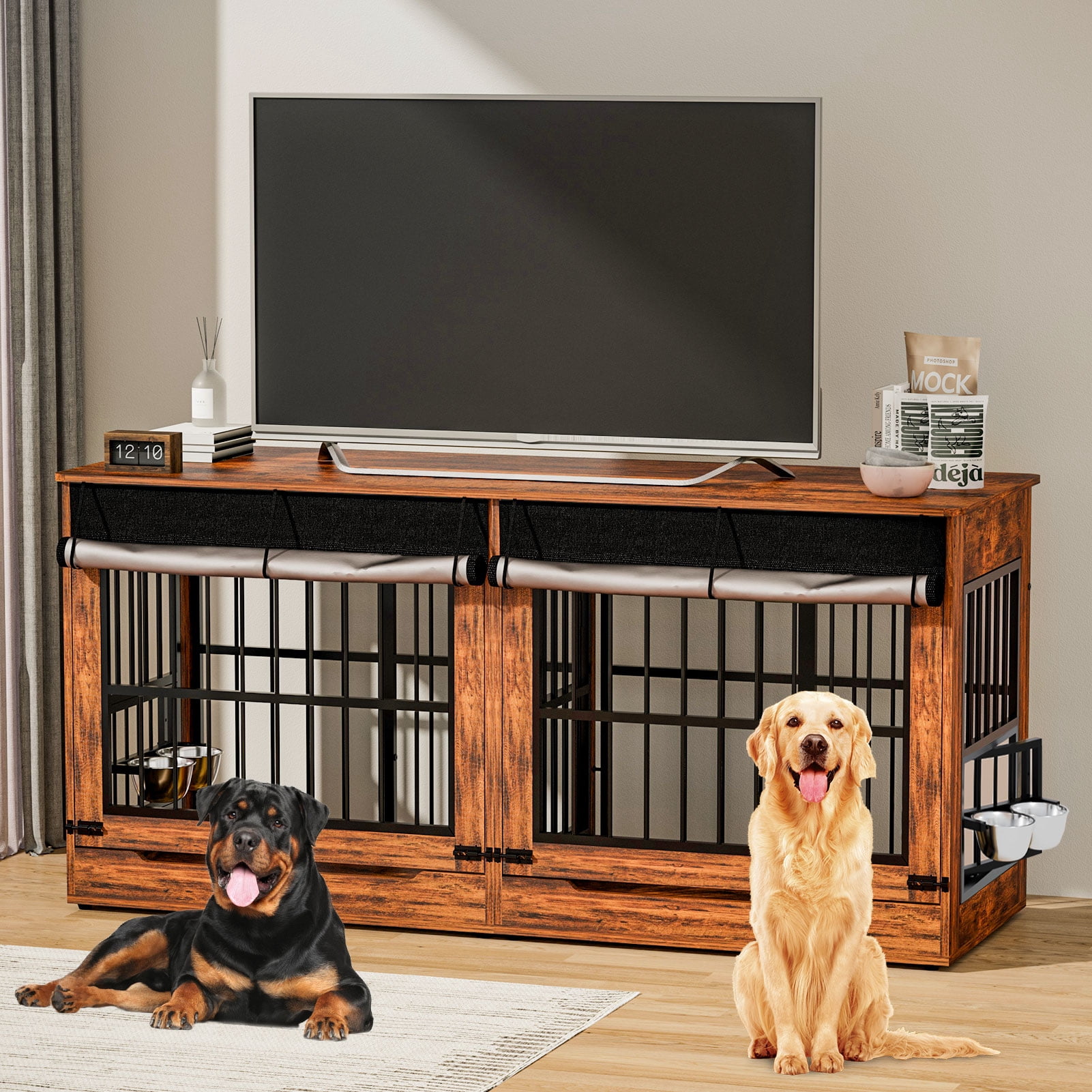 YIKEMA Furniture Double Wooden Indoor Dog Crate with Wheels, Brown ...