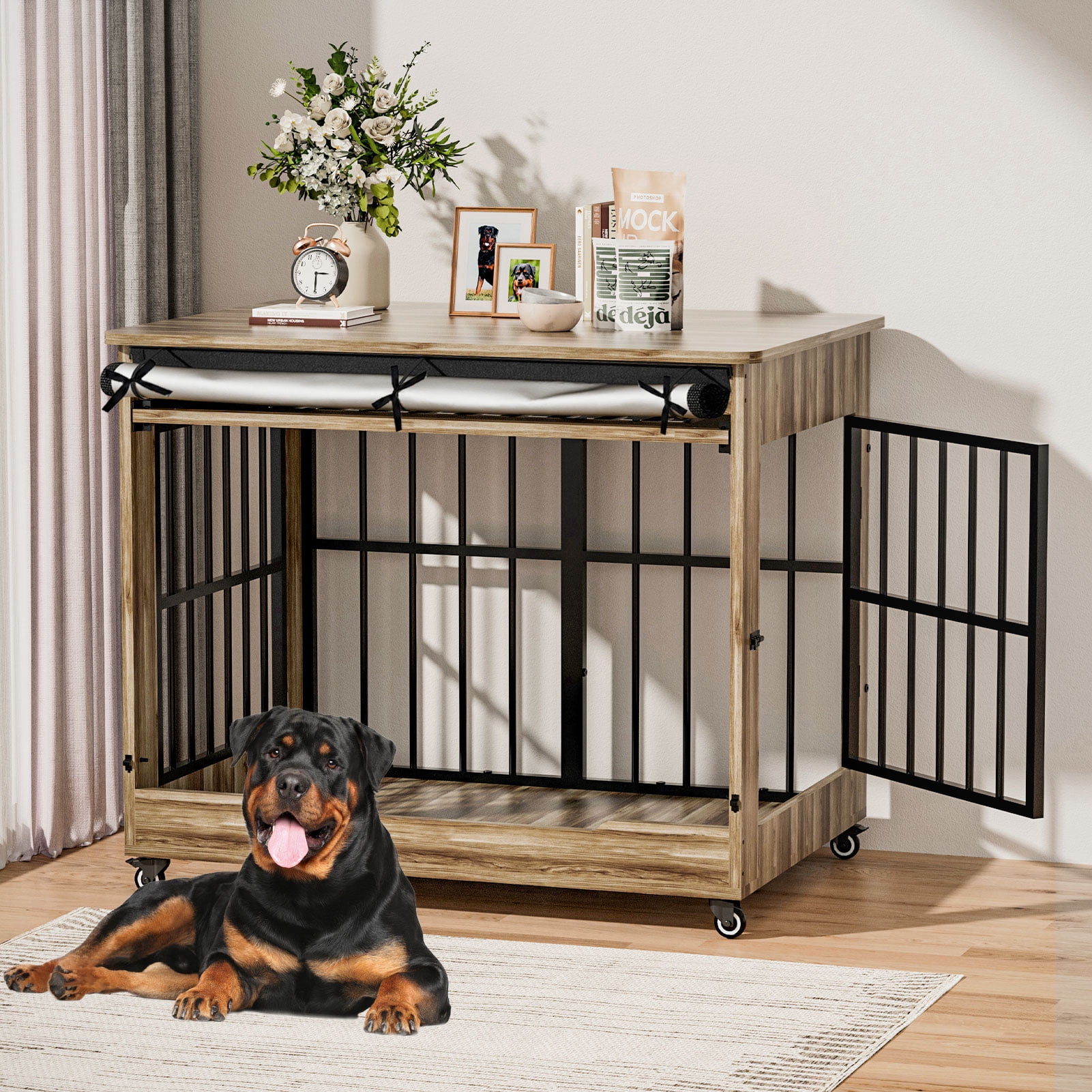 YIKEMA Furniture Extra Large Wooden Indoor Dog Crate with Wheels ...