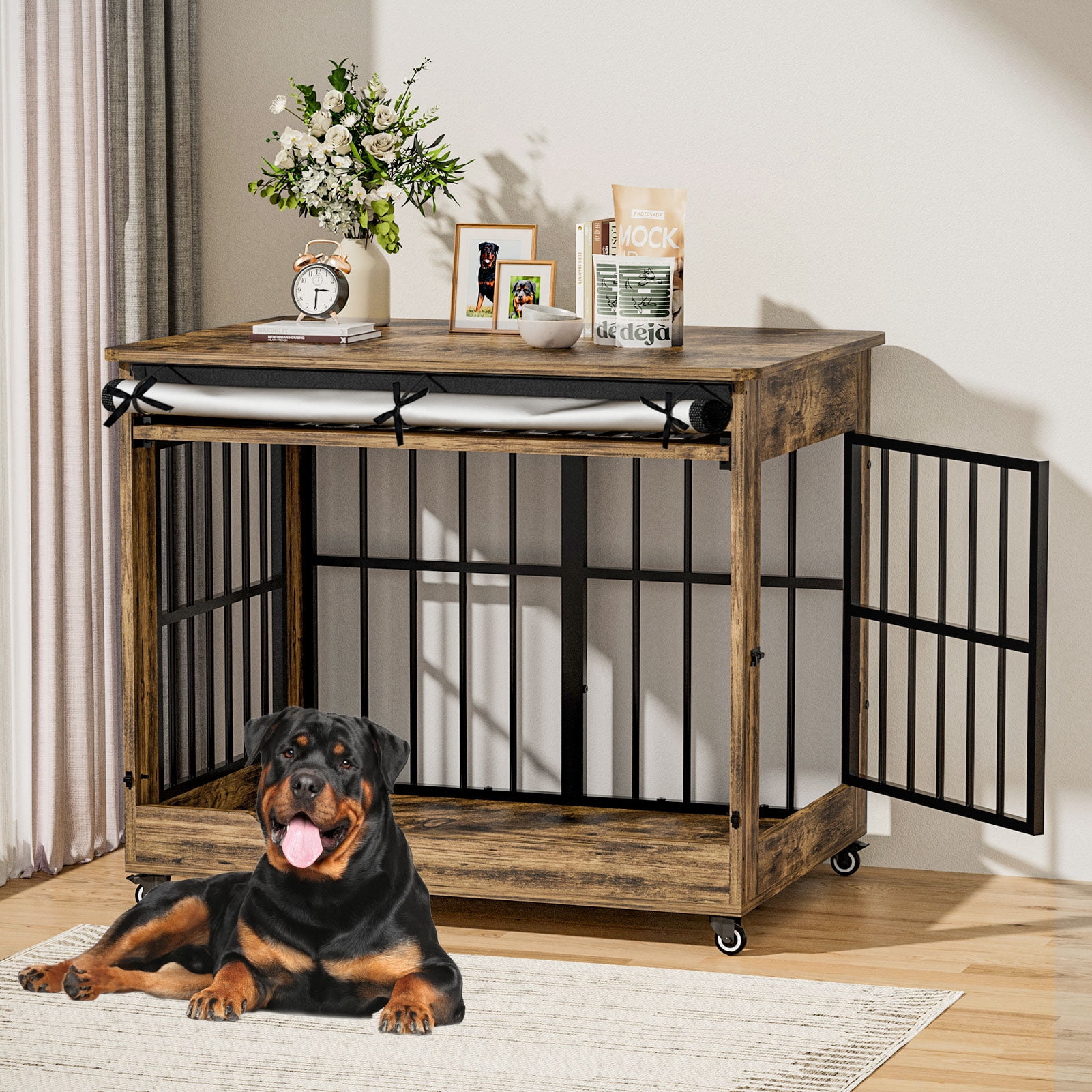 YIKEMA Furniture Extra Large Wooden Indoor Dog Crate with Wheels ...