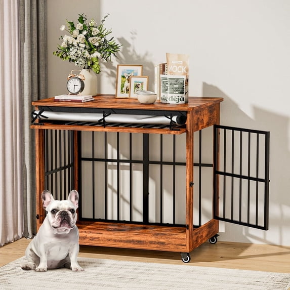 YIKEMA Furniture Medium Wooden Indoor Dog Crate with Wheels, Brown ...