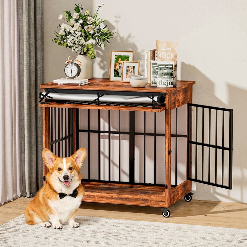 YIKEMA Furniture Small Wooden Indoor Dog Crate with Wheels, Brown ...