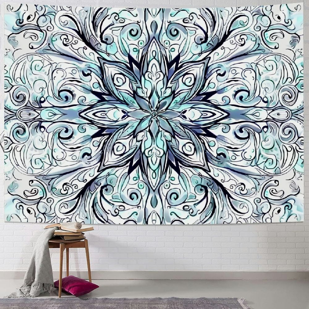 YIKUMA Mandala Wreath Tapestry, Blue Flower Floral Medallion Peacock ...