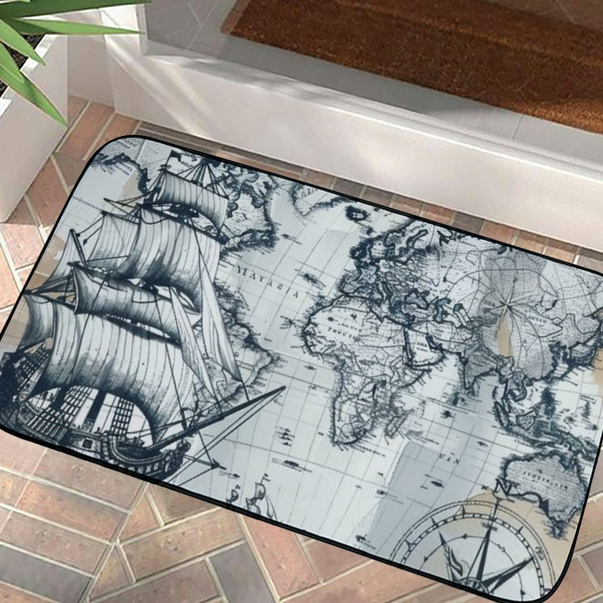 YIKUMA Ship Compass Map Felt Square Floor Mat for Home Entrance Outside ...