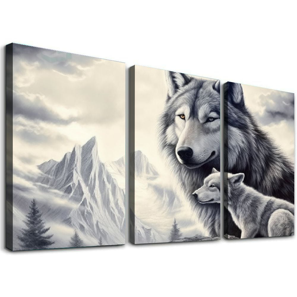 YIKUMA Wolf Wall Art Canvas Print Poster Black and White Wolves ...