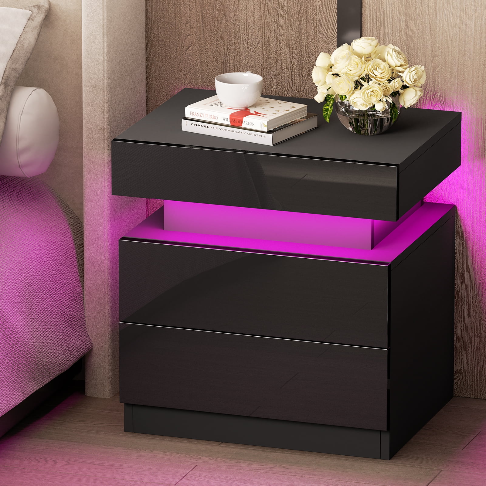 YILQQPER Nightstand with LED Lights, 2 Drawers and 1 Flapping Top ...
