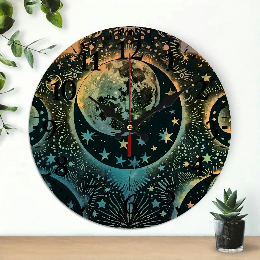 YILUYINQING 10 Inch Wooden Wall Clock Stars Moon Space Art Print Silent ...