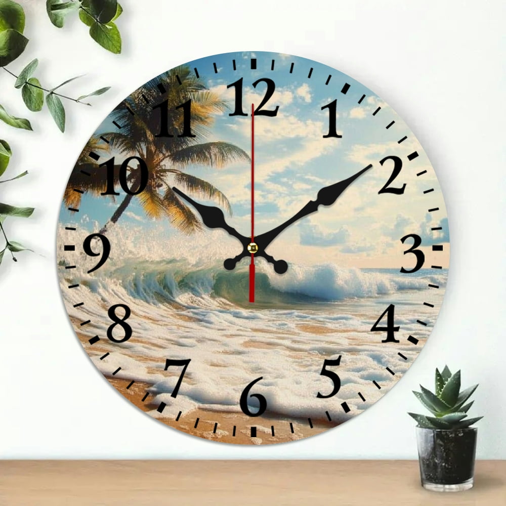 YILUYINQING Beach Wave Palm_Trees Round Wooden Wall Clock Wall Art ...