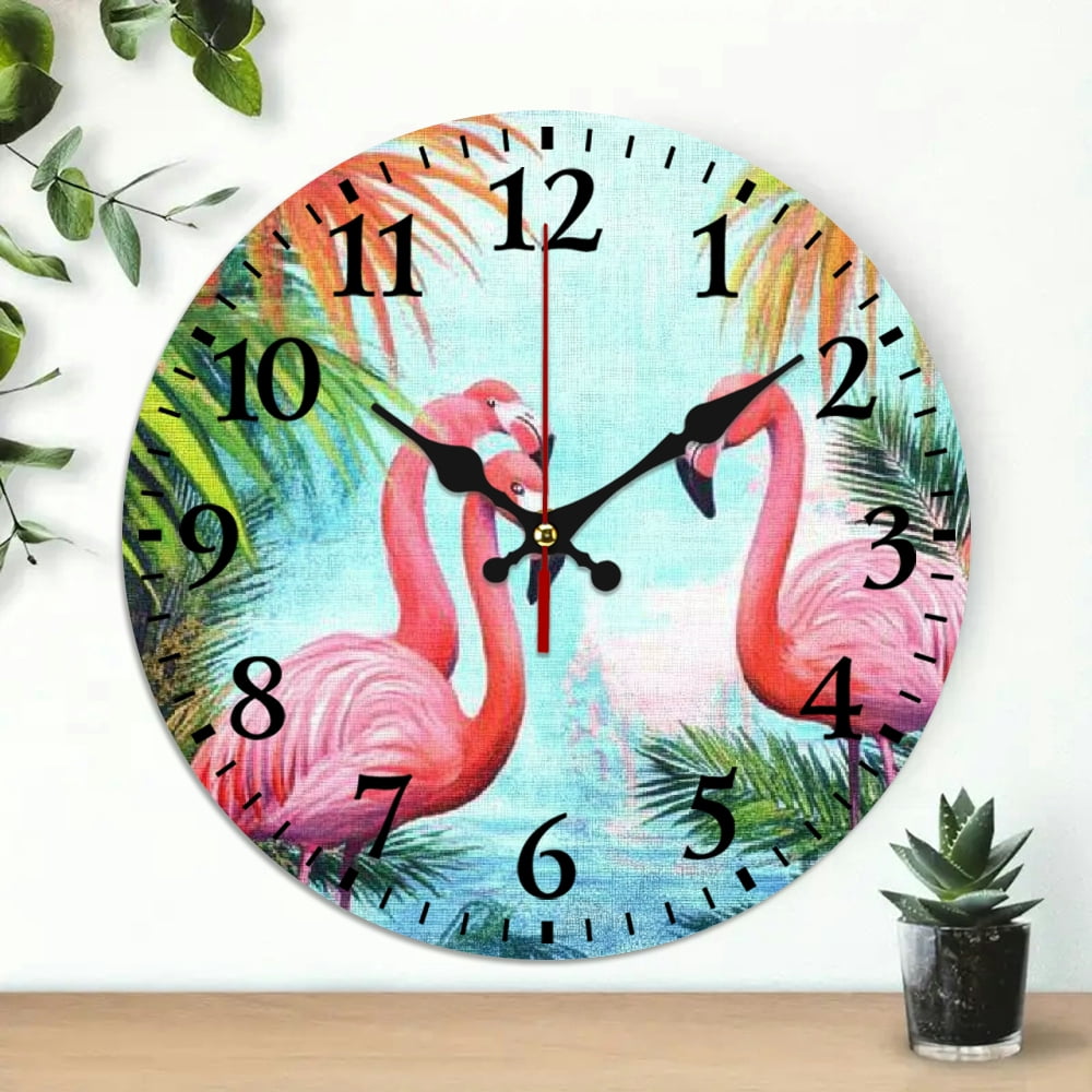 YILUYINQING Wall Clock Flamingos Palm Trees Tropical Wildlife Print ...