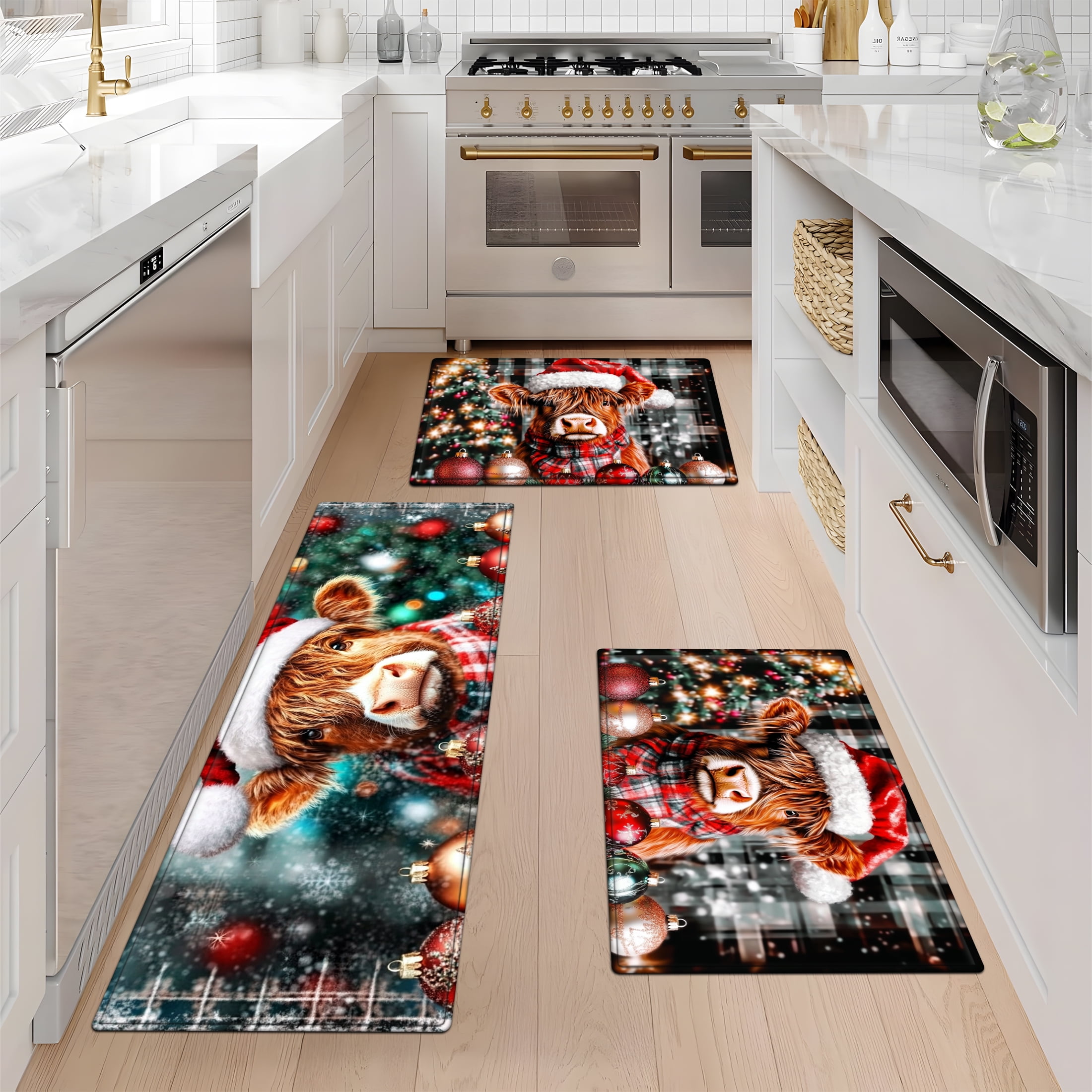 YIMEIS Christmas cow lights Kitchen Mat Washable Non-Skid Absorbent ...