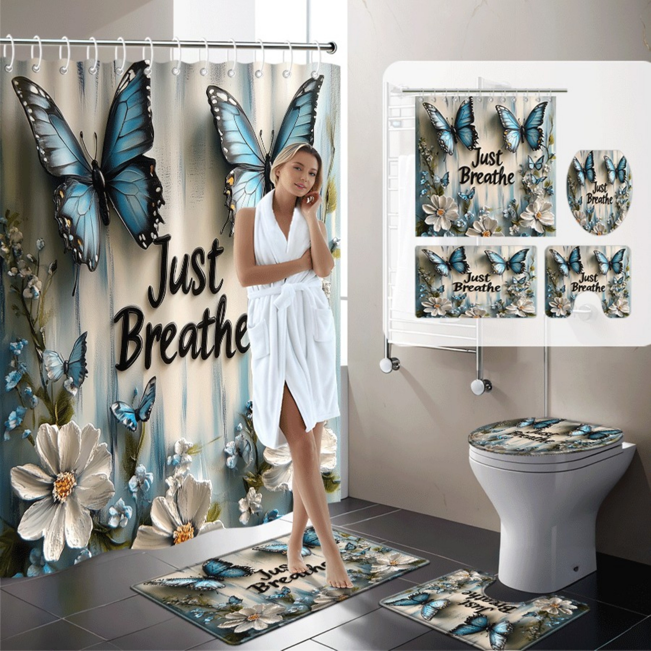 YIMEIS-Retro Blue Naked Eye 3D Flower and Butterfly Printed Shower ...