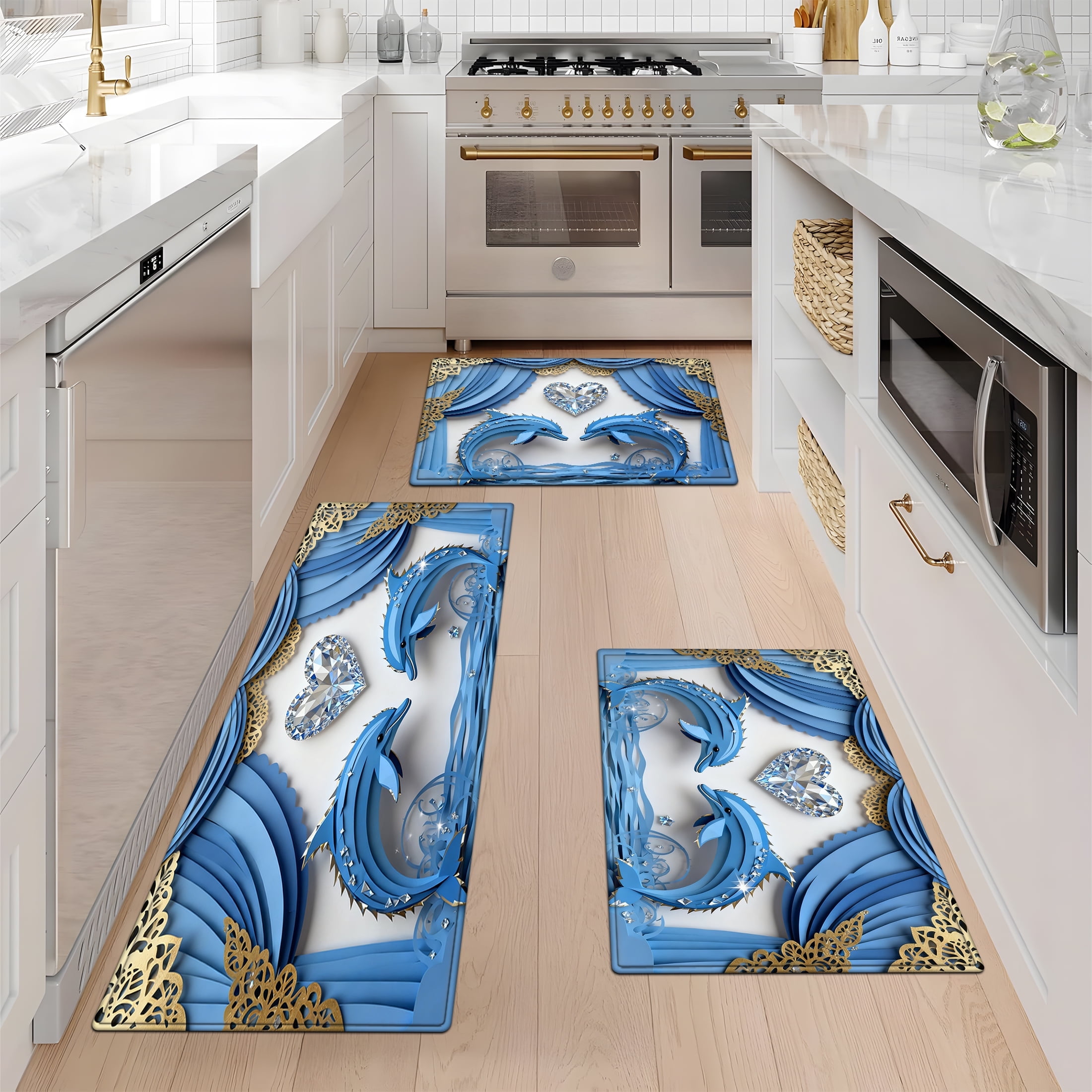 YIMEIS Valentine's Day Dolphin Kitchen Mat Rug Set - 3 Pcs Perfect for ...