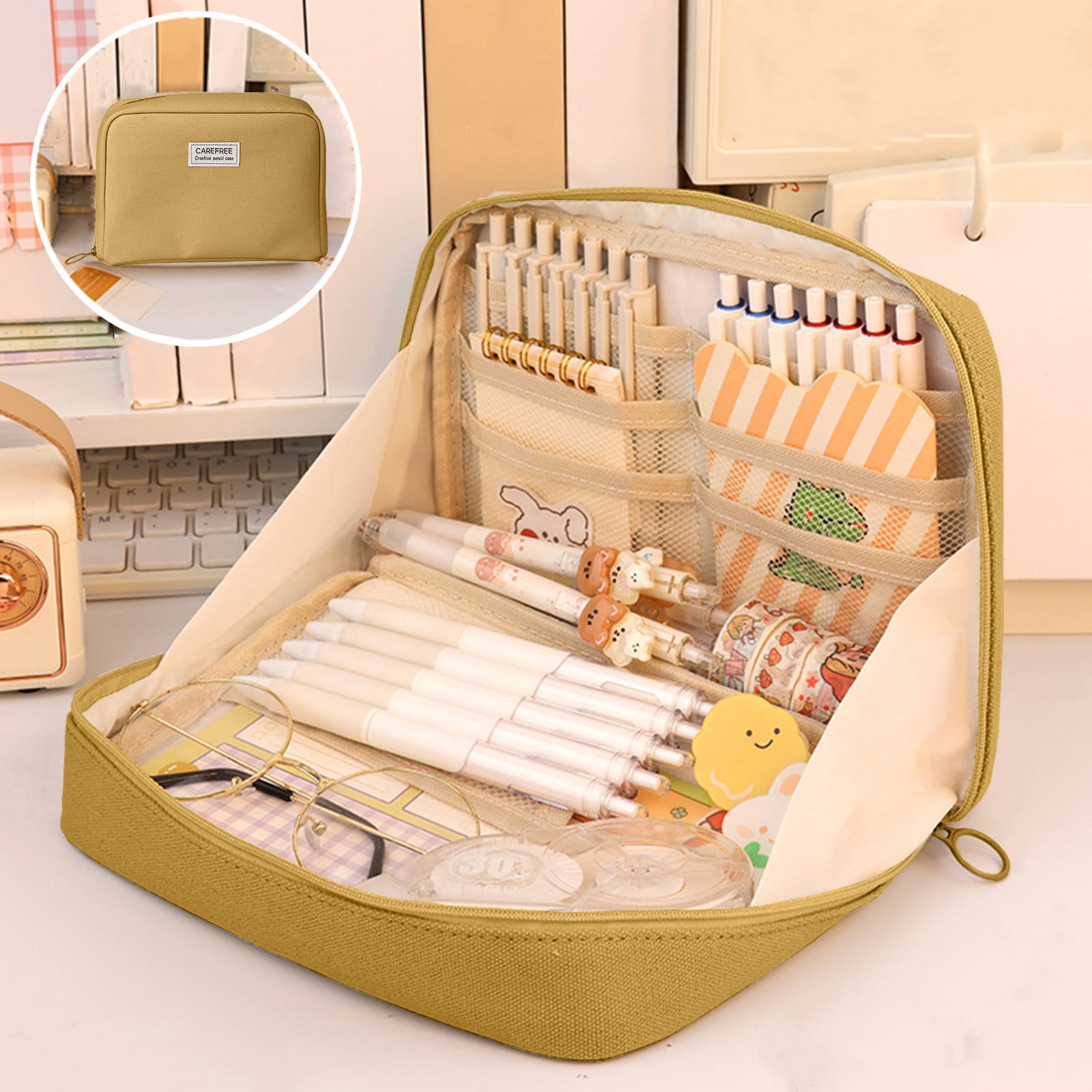 YIMWNYI Canvas Pencil Case, Large Capacity Pen Pouch, 3-Layer Storage ...