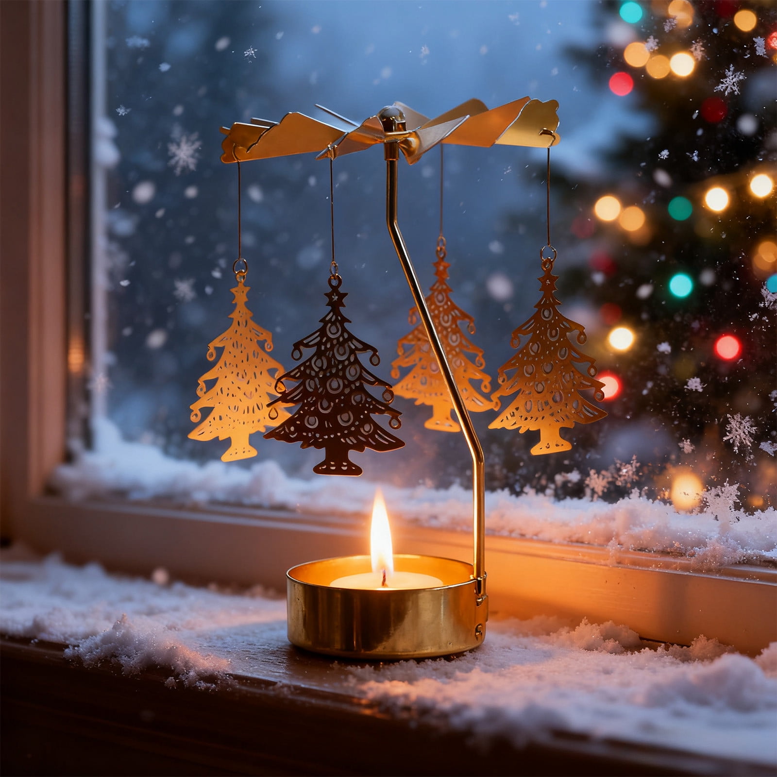 YIMWNYI Rotating Christmas Candlestick, Golden Snowflake Tree Design ...