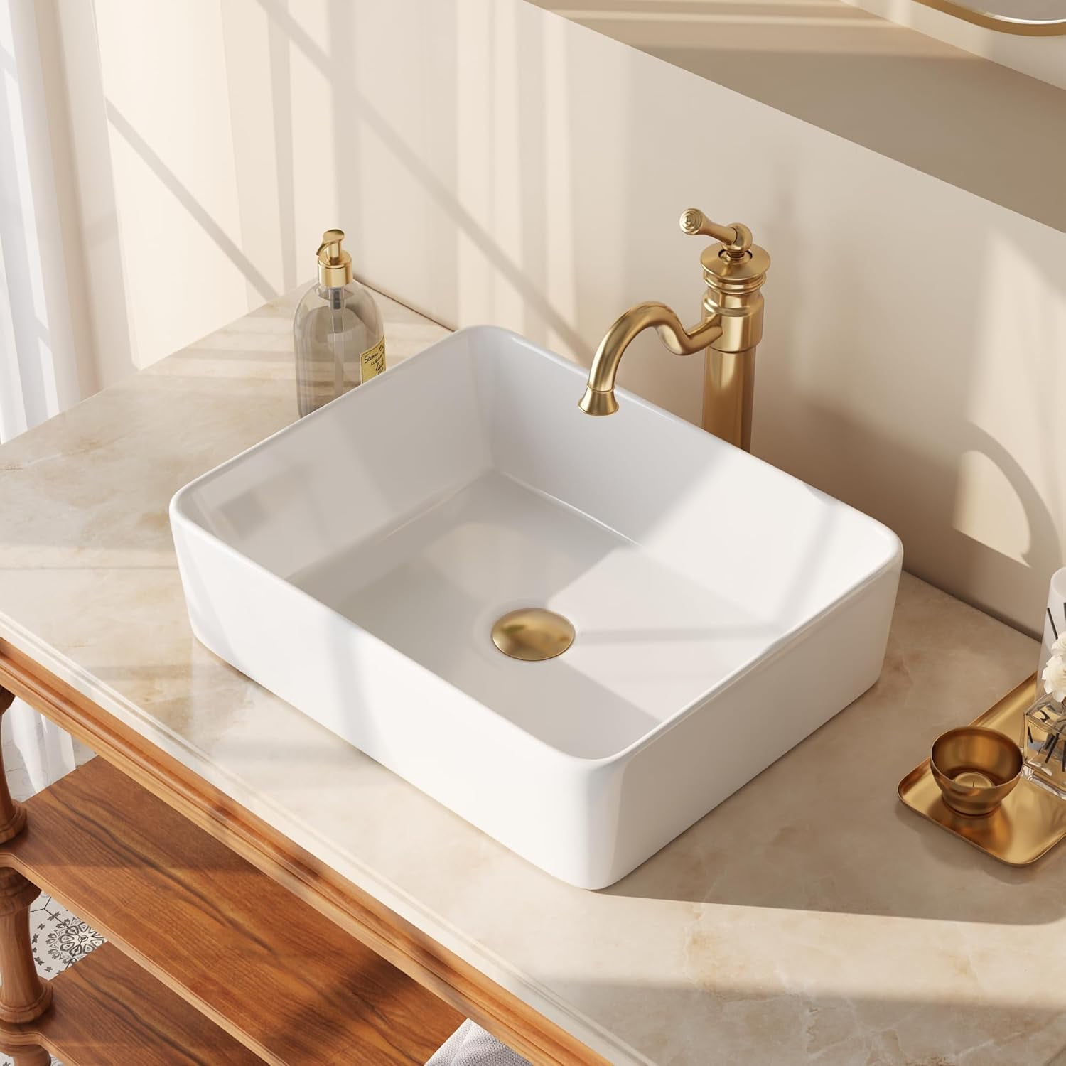 YING 19"x15" Bathroom Sink, White Ceramic Rectangular Sink Above ...