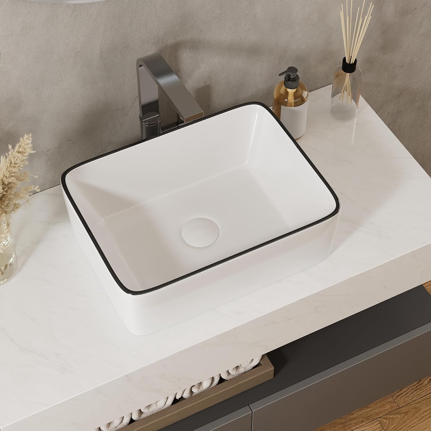 YING 19"x15" Bathroom Sink, White Ceramic Rectangular Sink Above ...