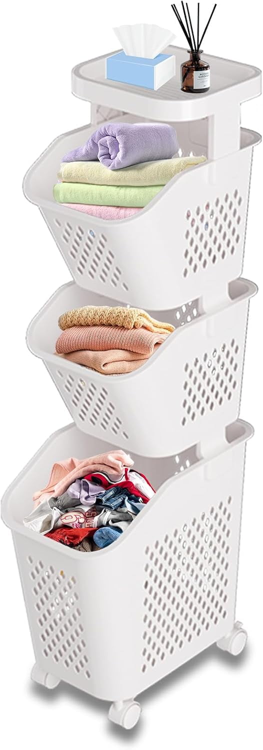 YING 3-Tier Mobile Laundry Basket with Wheels, Laundry Storage Bin for ...