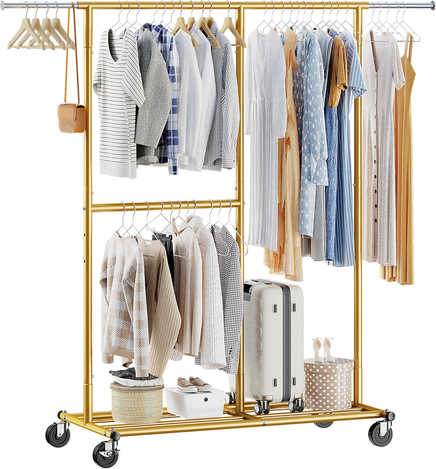 YING Heavy Duty White Clothes Rack With Wheels Portable Collapsible ...